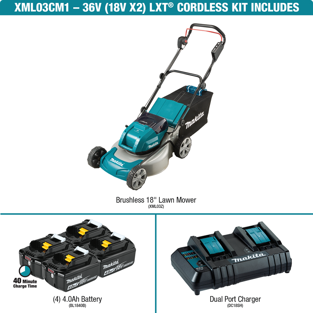 Makita XML03CM1 R 36V 18V X2 LXT Brushless 18 in. Lawn Mower Kit with